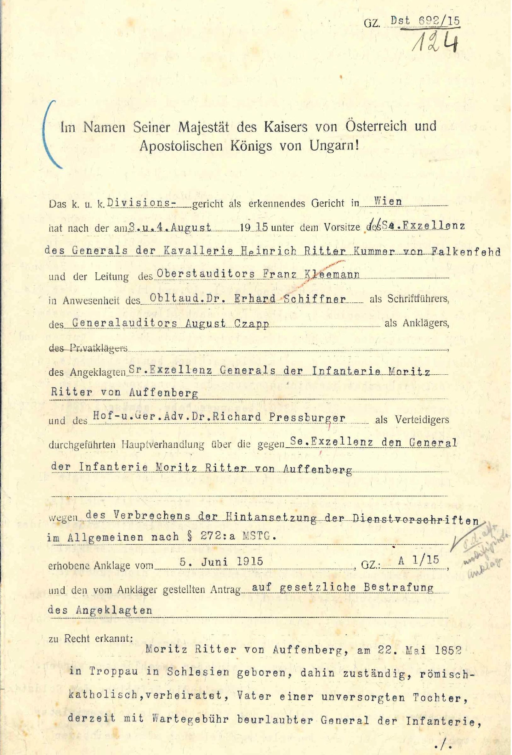 Der Militärgerichtsakt des Generals Moritz von Auffenberg-Komarów - ÖSTA